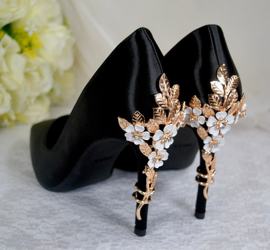 Black Shimmer Bridal Shoes, Wedding Shoes Cherry Blossom, Pointed Toe ...