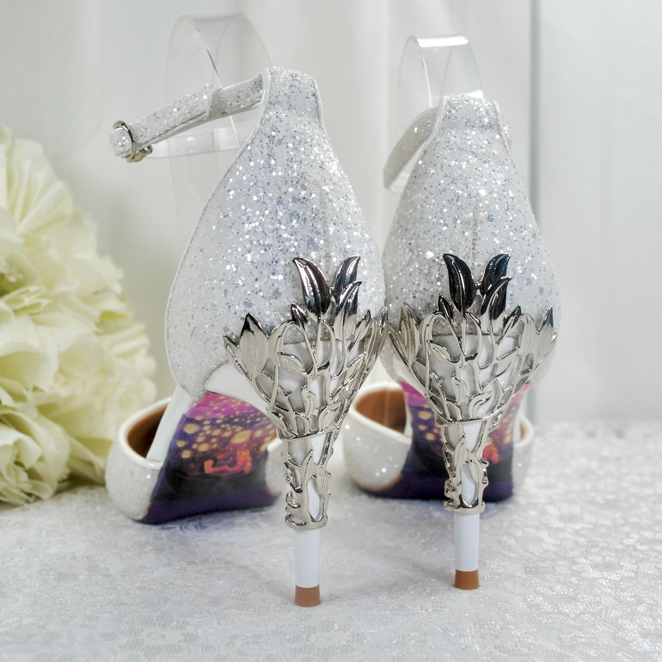 Bridal White Glitter Sandals: Rapunzel Shoes With Silver Vine Heel UK4 ...