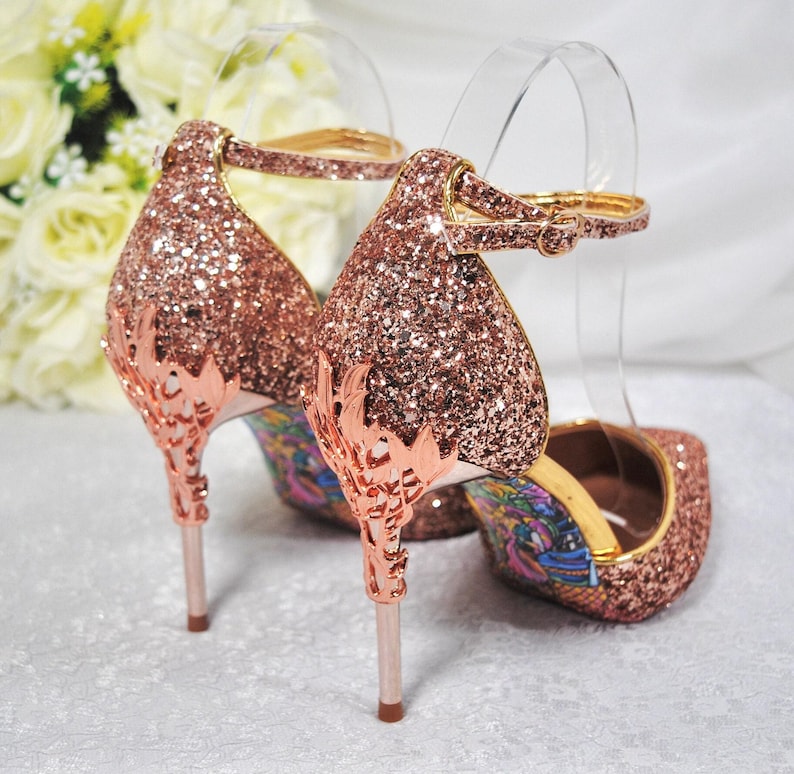 Rose Gold Glitter Bridal Heels: Rapunzel Theme Wedding Sandals - Etsy