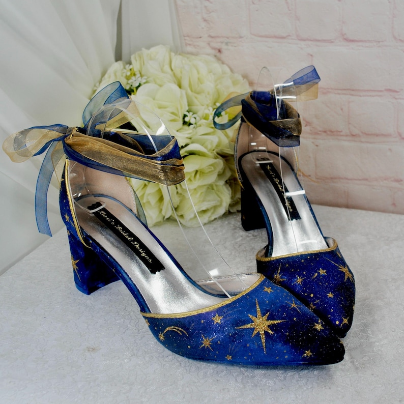 Blue Satin Celestial Wedding Shoes: Hand-painted Galaxy Bridal Block ...
