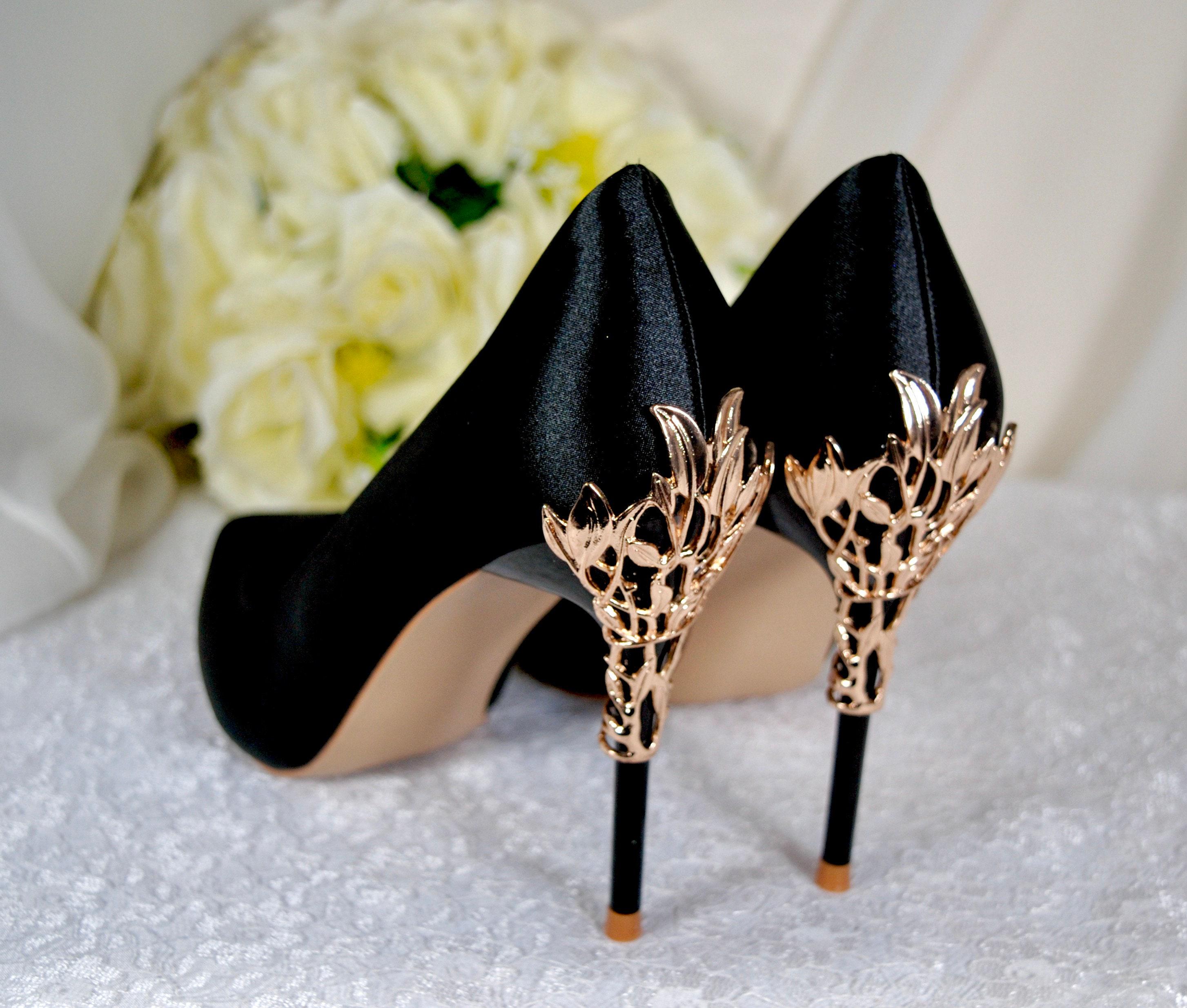 Black Satin Bridal Pumps: Gold Leaf Wedding Heels - Etsy