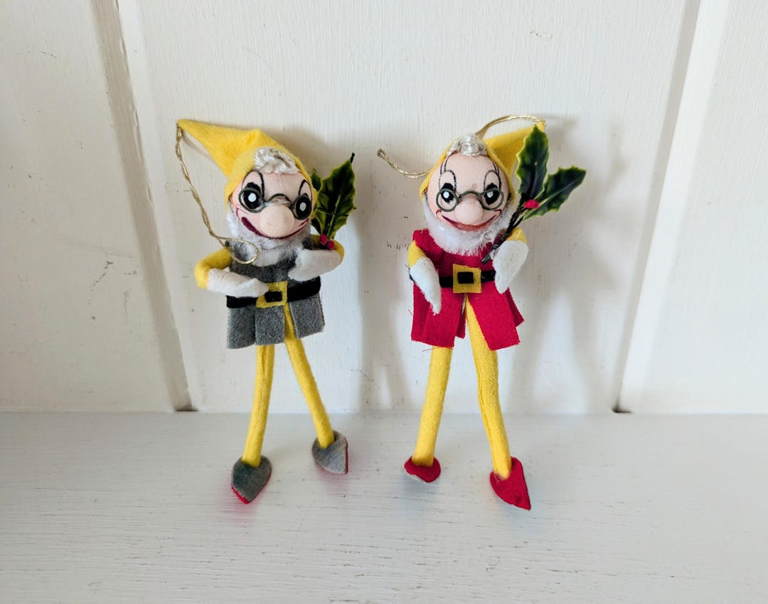 Pair of Vintage Felt Elf Ornaments - Big Nose Elves With Glasses - Hand ...