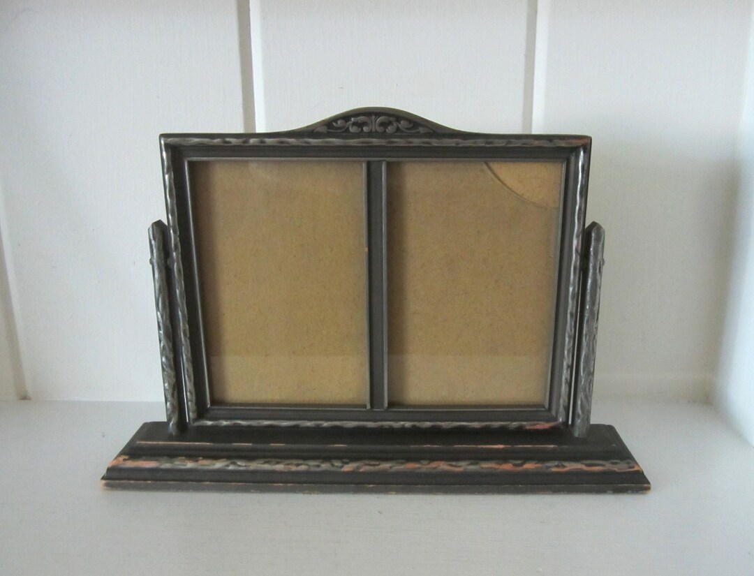 Antique Double Wood Swing Tilt Frame on Stand With Glass - Deep Gray ...