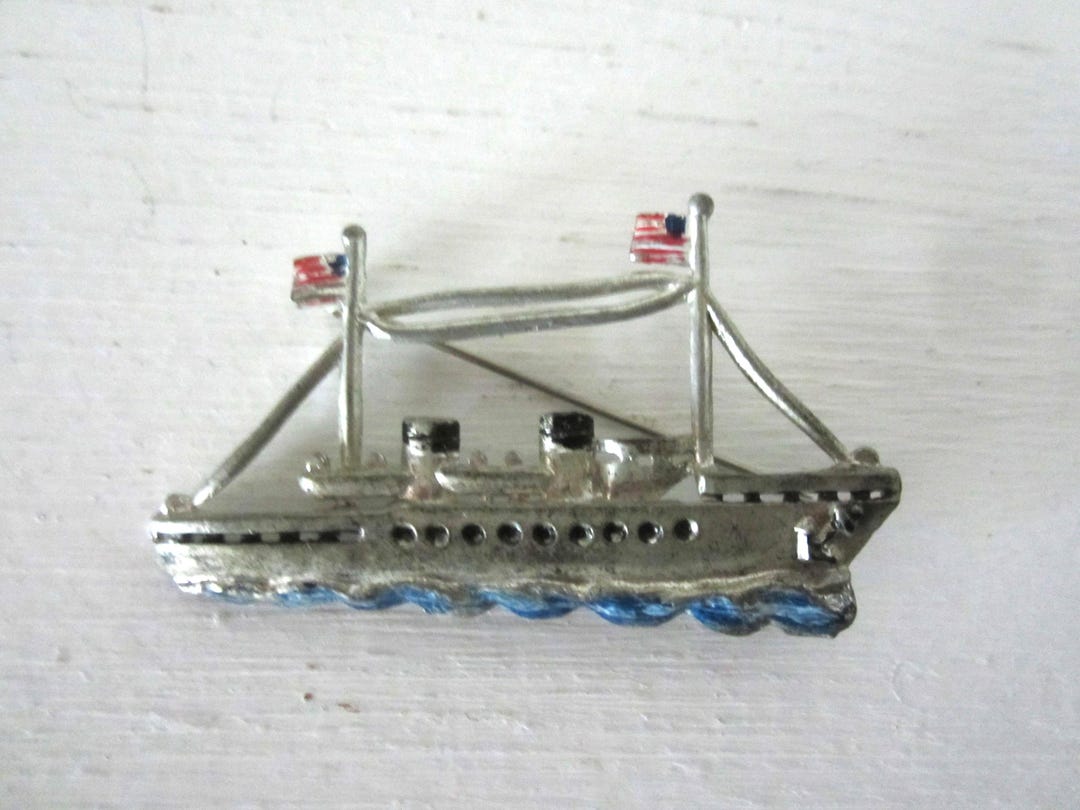 Vintage WWII Era Navy Ship Pin Brooch With American Flags and Anchor ...