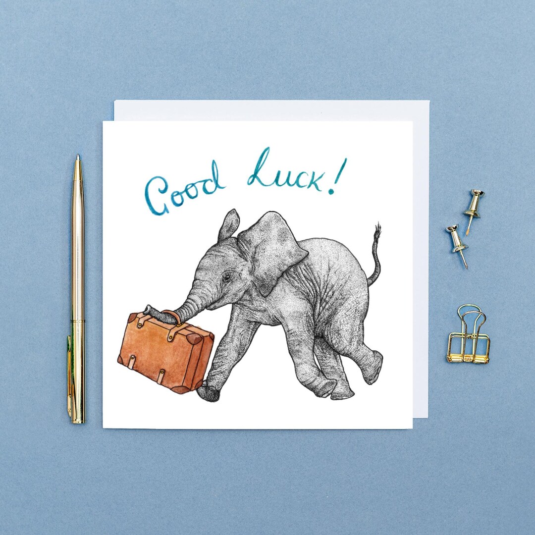 Cute Elephant Good Luck Card // Animal Art, Good Luck Travel Card, Good ...