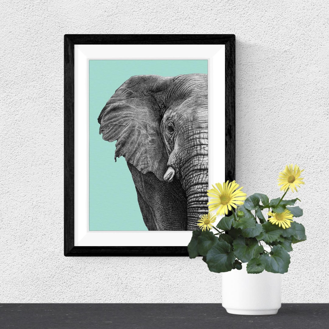 African Elephant Art Print With Light Blue Background // A4 & A3 ...