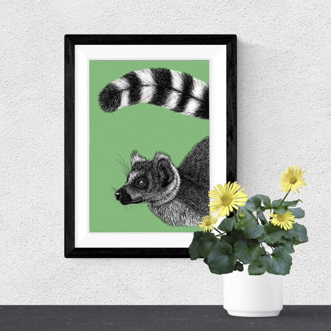 Ring-tailed Lemur A4 Art Print With Bold Green Background // Colorful ...