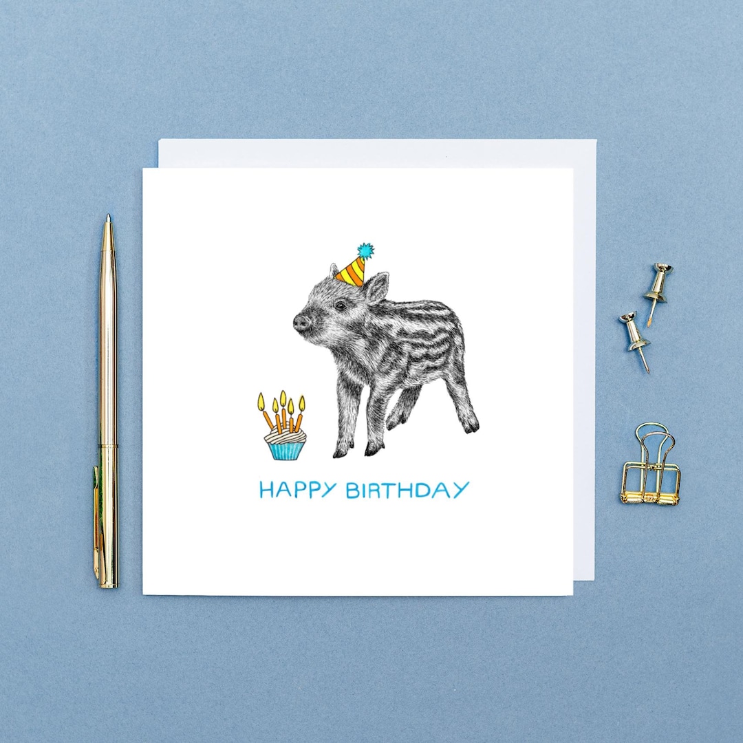 Party Piglet Birthday Card // Wild Boar Birthday Card, Animal Art ...