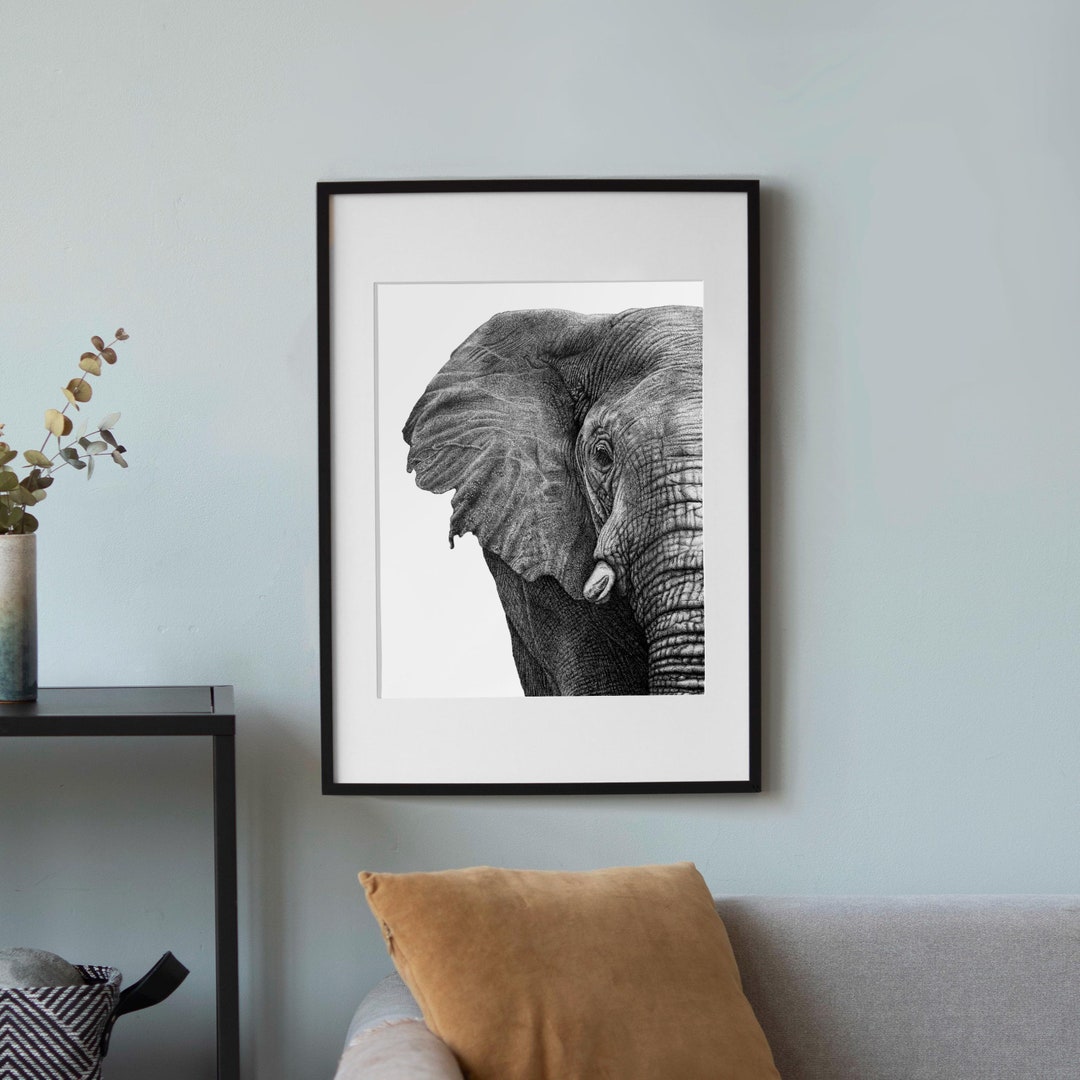 African Elephant Art Print // Black and White Drawing // A4 Elephant ...