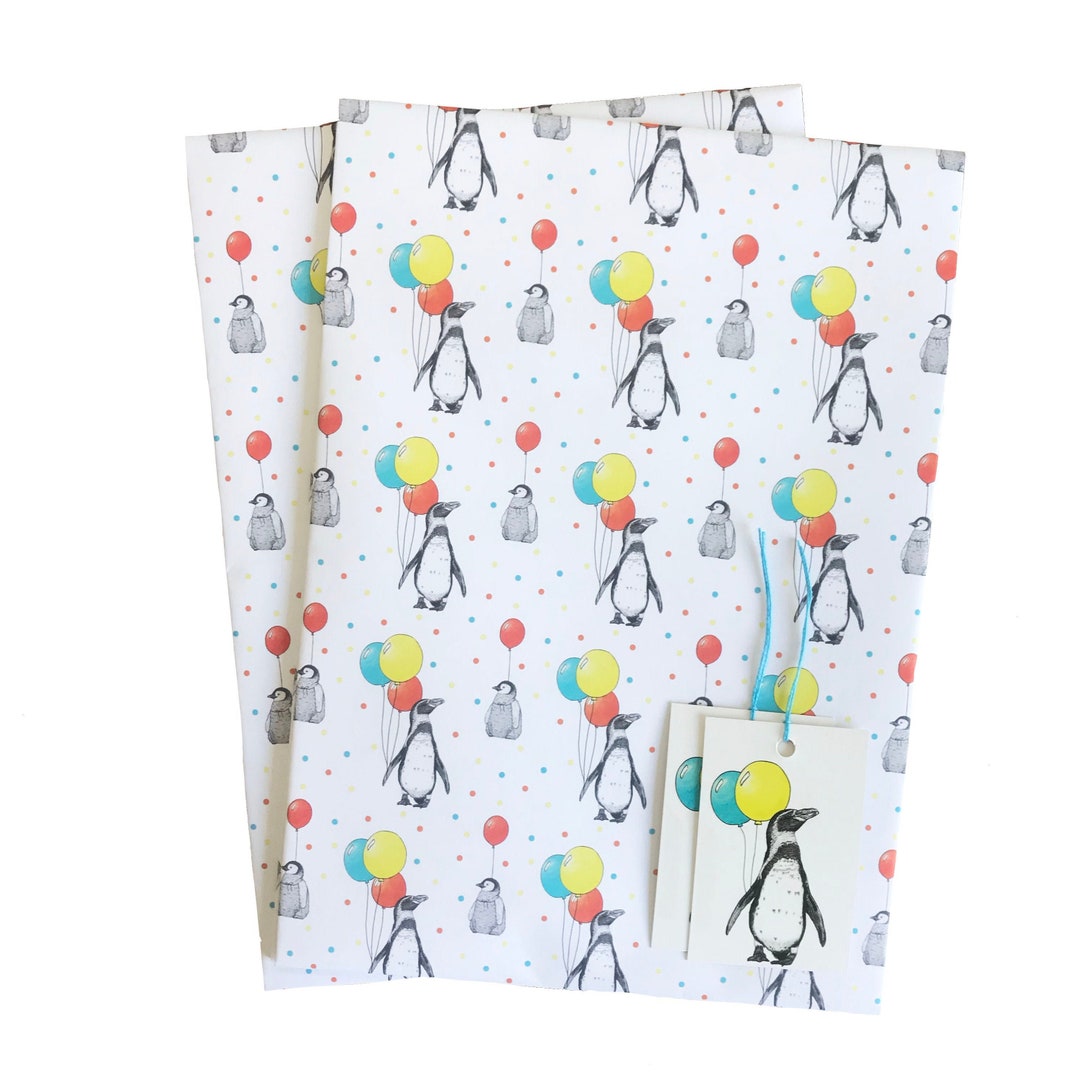 Penguin Birthday Gift Wrap and Tags Set // Two Sheets and Two Tags ...