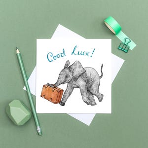 Cute Elephant Good Luck Card // Animal Art, Good Luck Travel Card, Good ...