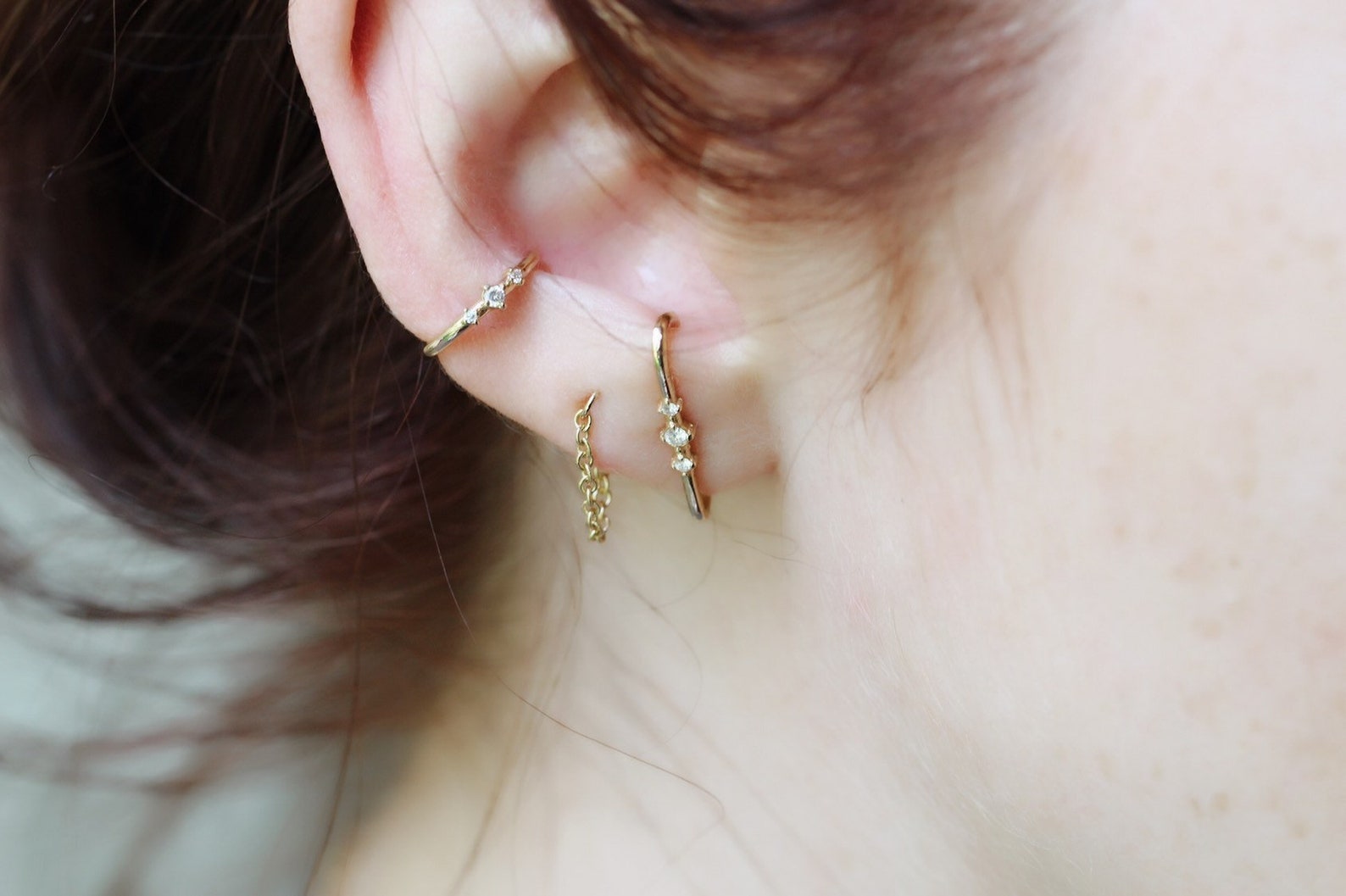 14K Gold Diamond Ear Cuff, Three Diamond, Non-piercing, Ear Wrap, Gold ...