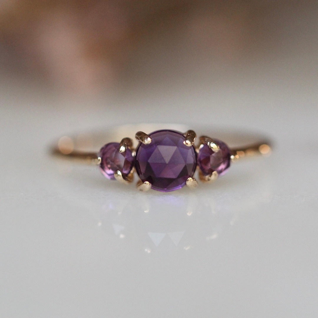 14K Gold Amethyst Ring, Three Stone Ring, Rose Cut Amethyst, February ...