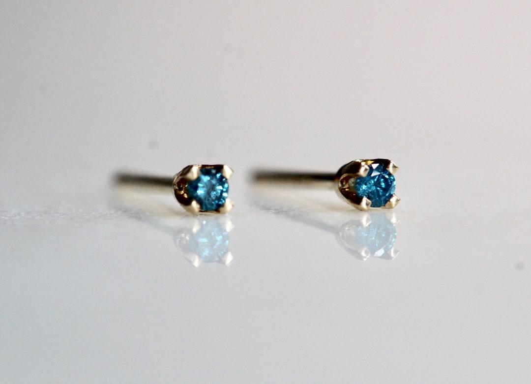 14K Gold Tiny Blue Diamond Studs Blue Diamond Diamond - Etsy