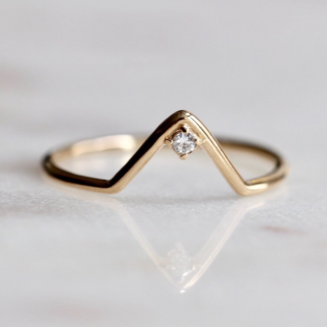 14K Diamond Chevron Ring, V Ring, Solid Gold, Stacking Ring, Wedding ...