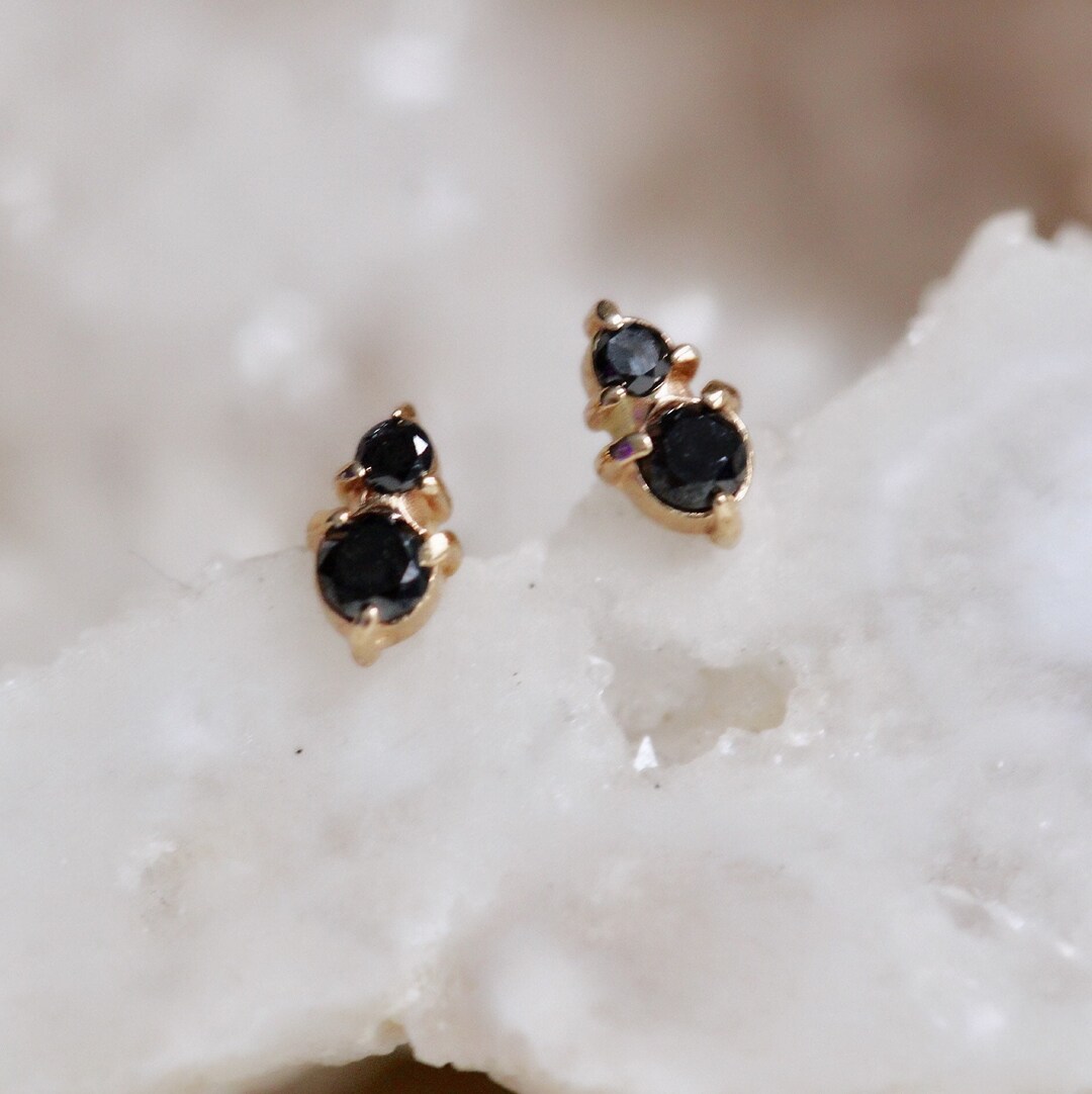 14K Gold Black Diamond Duo Stud Two Stone Stud Second Hole - Etsy