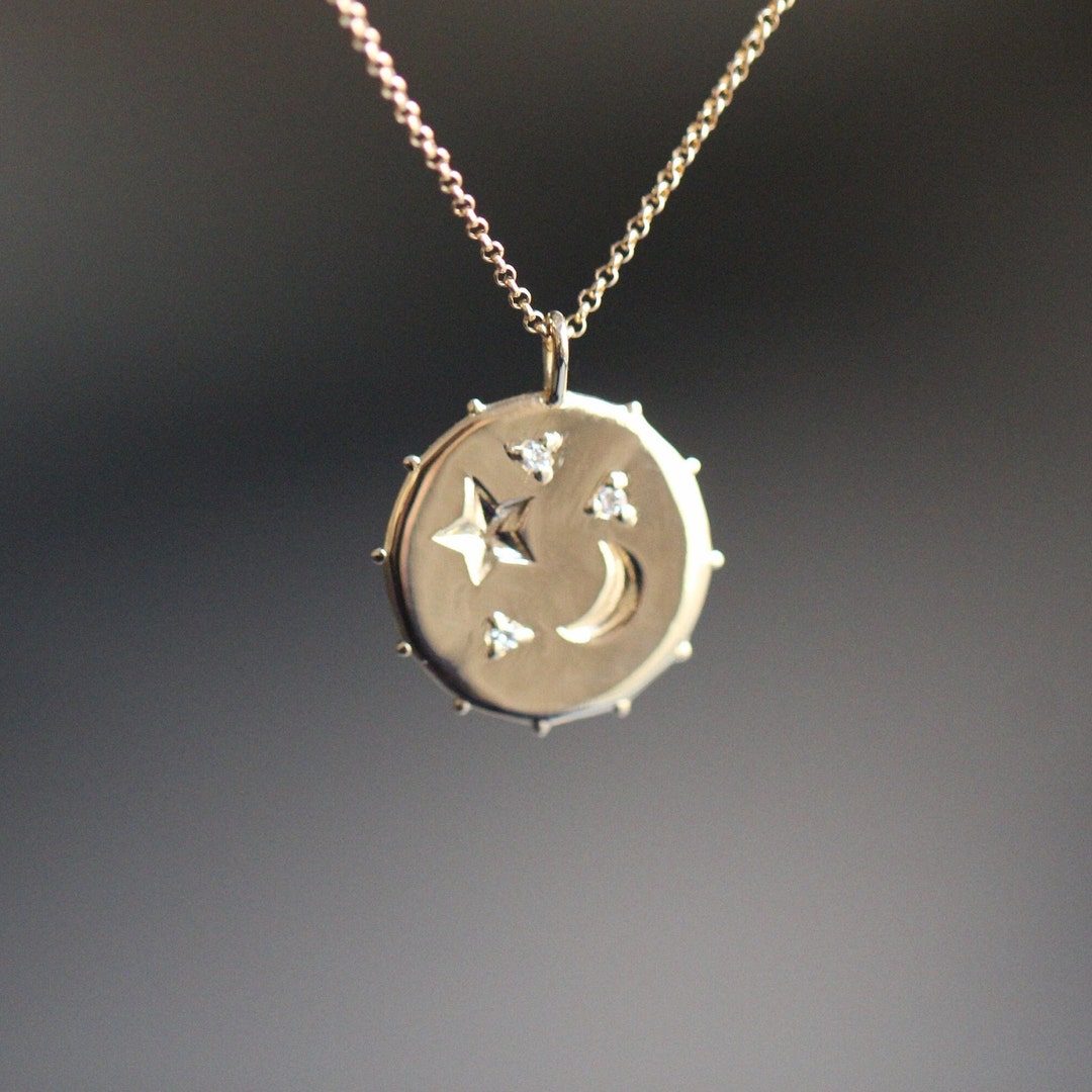14K Star and Moon Coin Pendant Necklace, Diamond Coin Necklace ...