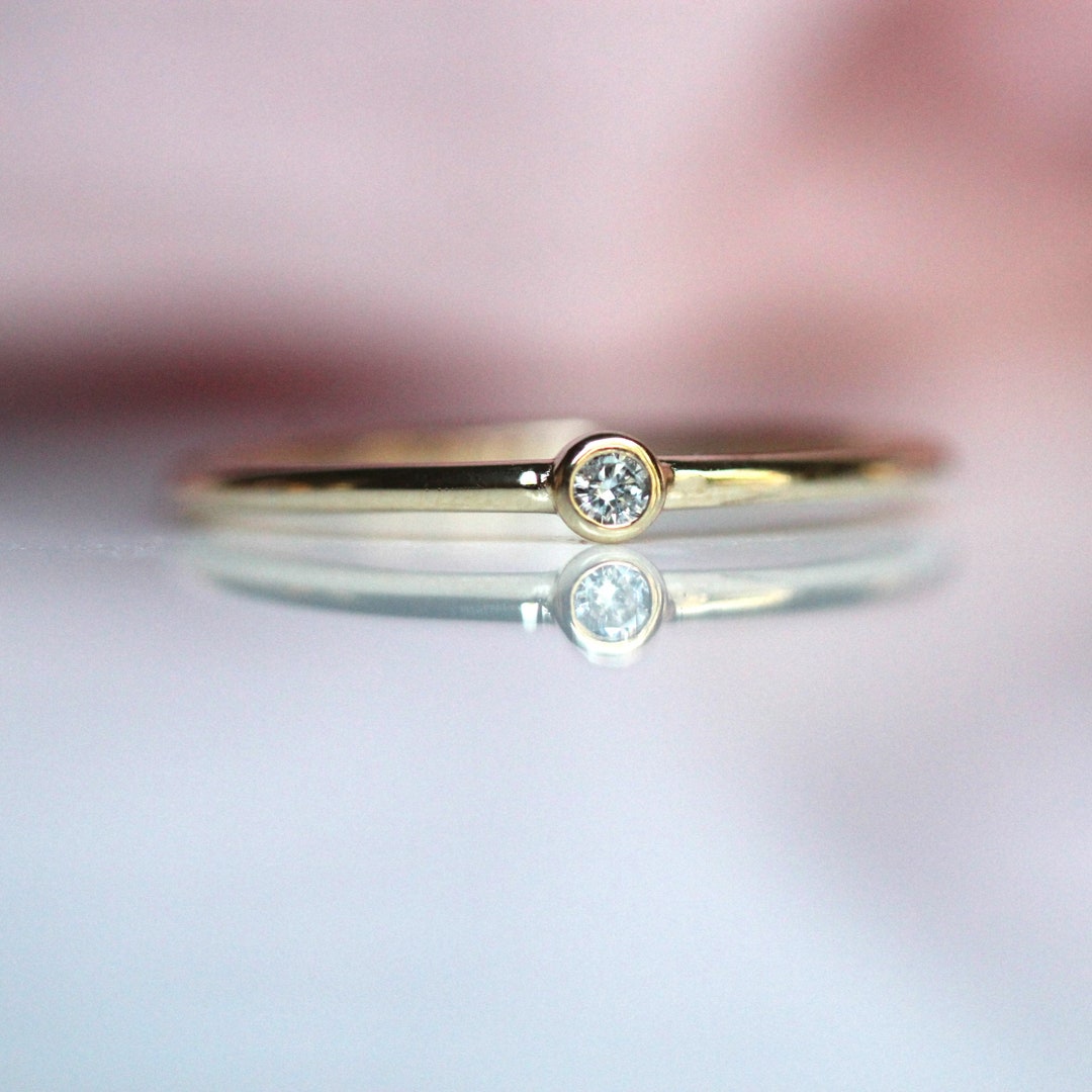 14K Solid Gold Diamond Bezel Ring, Tiny Bezel Ring, Tiny Gold Ring, 10K ...