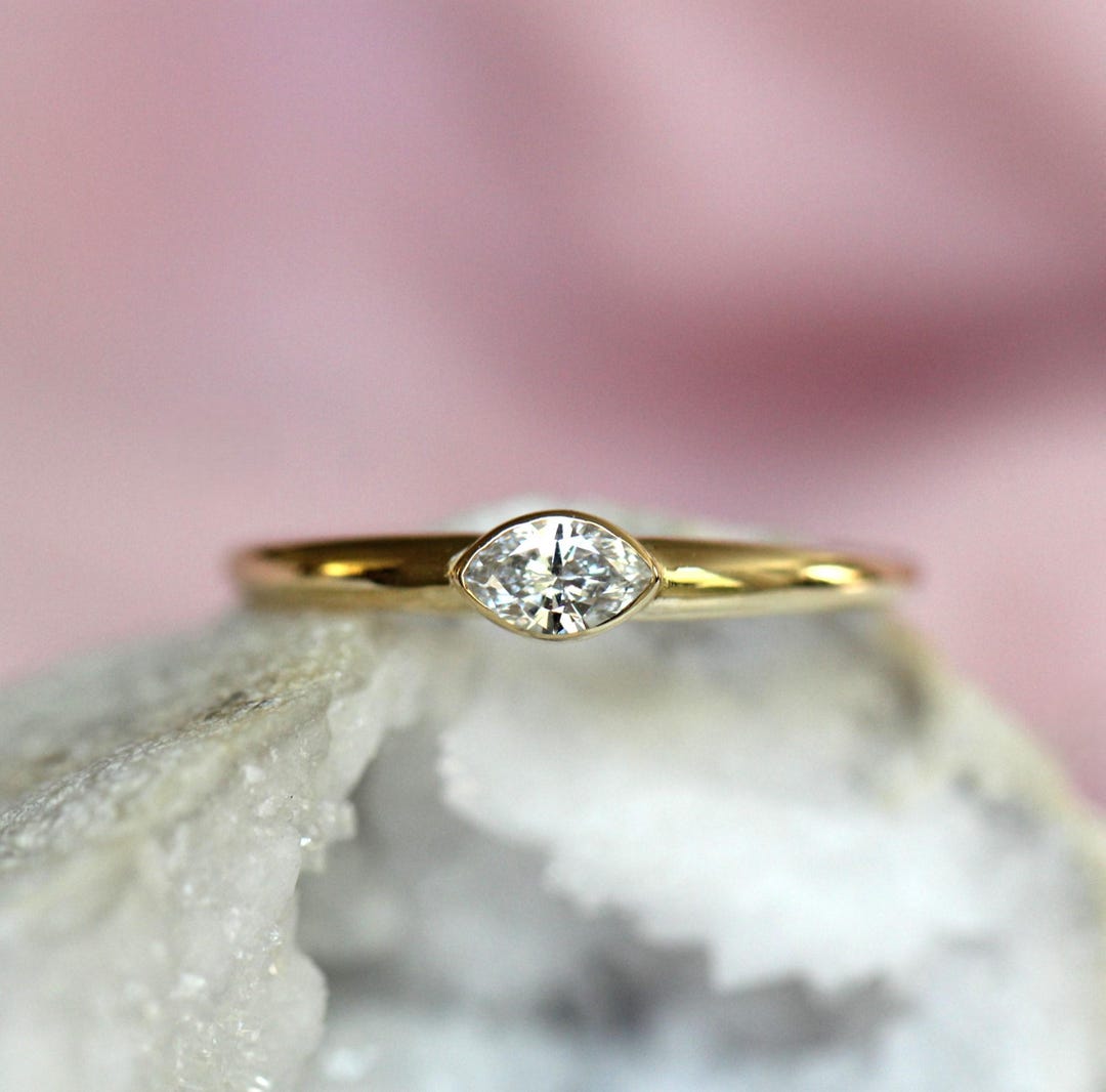 14K Diamond Marquise Bezel Ring, Tapered Band, Natural Diamond, Lab ...