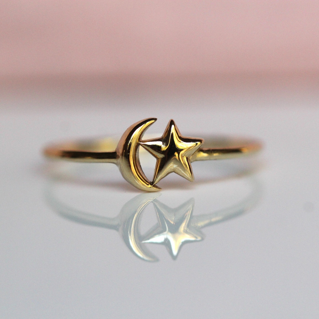 14K Star and Moon Ring, Solid Gold Ring, Astrology Jewelry, Minimal ...