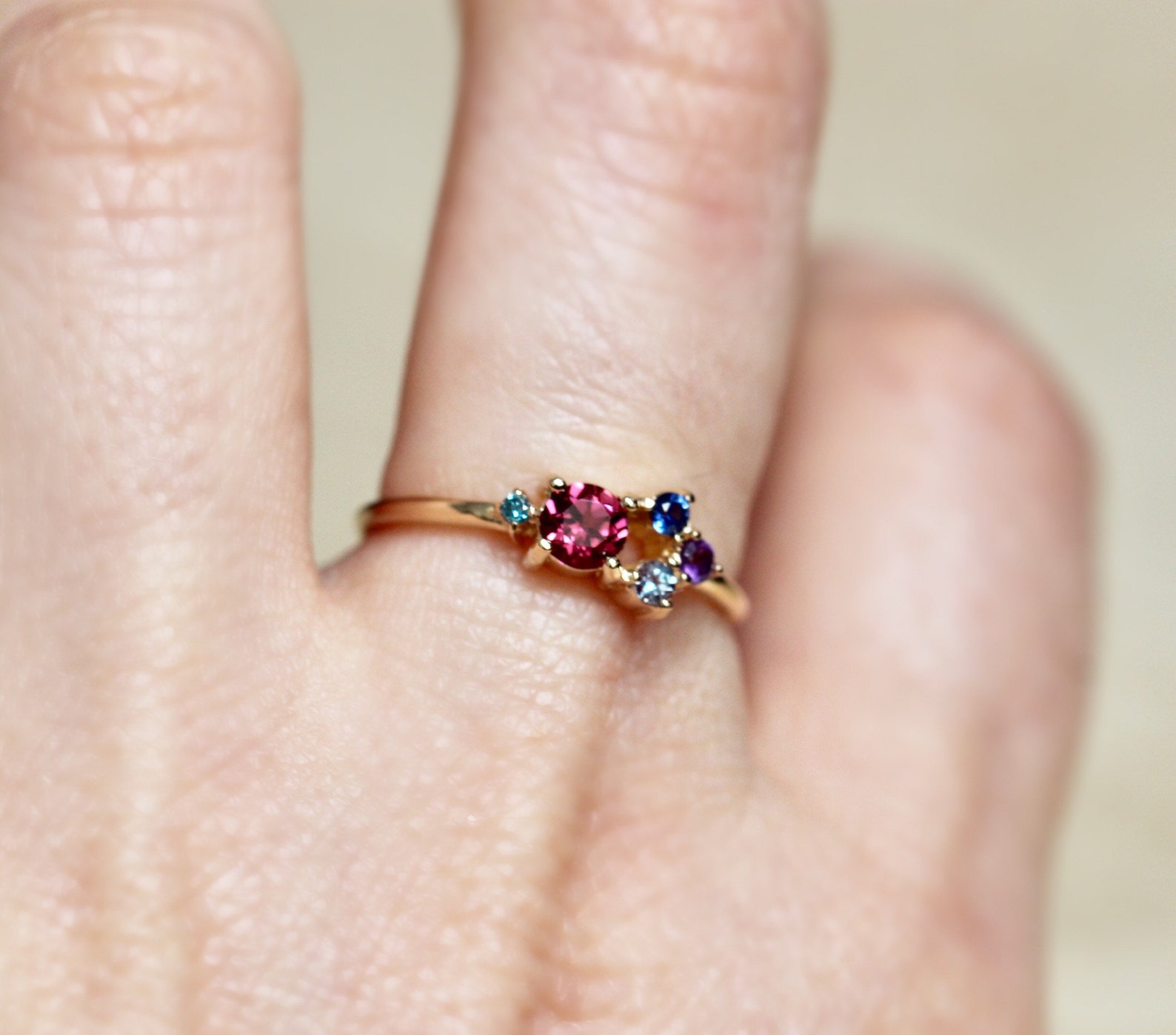 14K Gold Mixed Stone Cluster Ring, Autumn Ring, Rhodolite Garnet ...