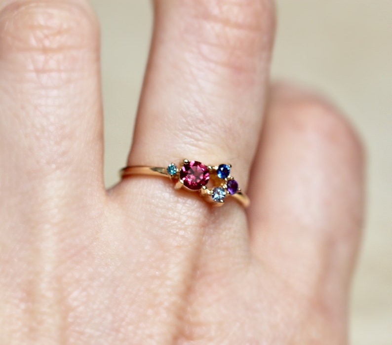 14K Gold Mixed Stone Cluster Ring autumn Ring - Etsy