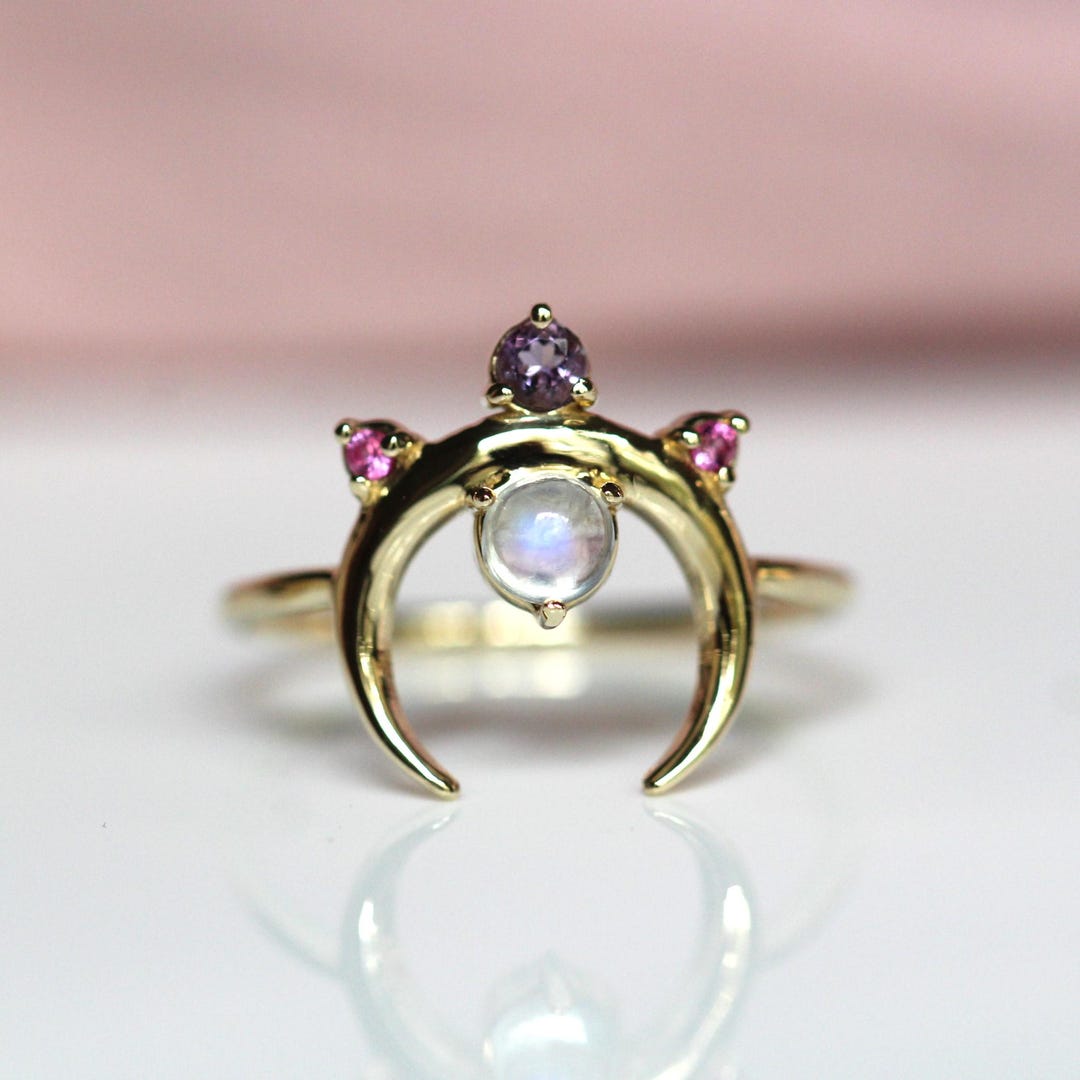 14K Crescent Moon Cluster Ring, 10K, Rainbow Moonstone, Pink Sapphire, Amethyst, Moon Ring ...