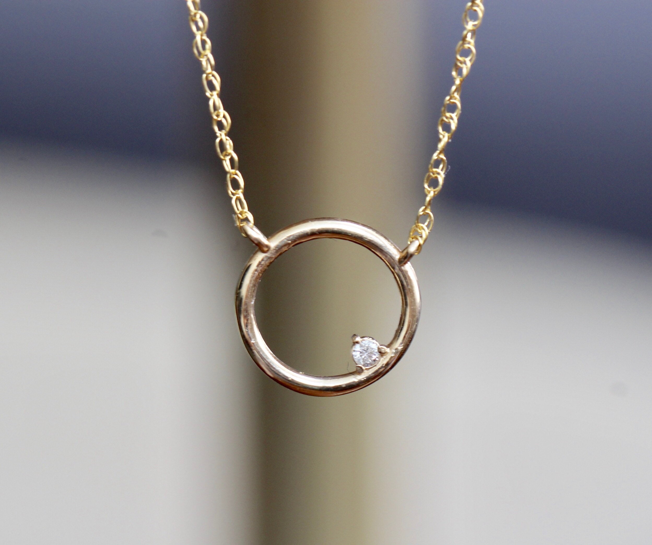 14K Open Circle Diamond Necklace, Round pendant Necklace, Layering ...