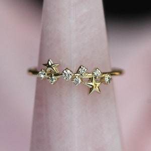 14K Gold Star Cluster Ring, Star Party Ring, Star Gaze, Star and Moon ...