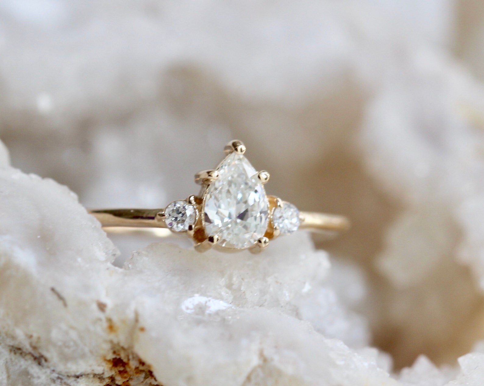 14K Gold Diamond Pear Ring Three Stone Ring Pear Diamond | Etsy