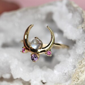 14K Crescent Moon Cluster Ring, 10K, Rainbow Moonstone, Pink Sapphire, Amethyst, Moon Ring ...