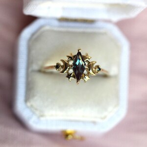 14K Galaxy Alexandrite Ring, Star and Moon Ring, Lozenge Shape Gemstone ...