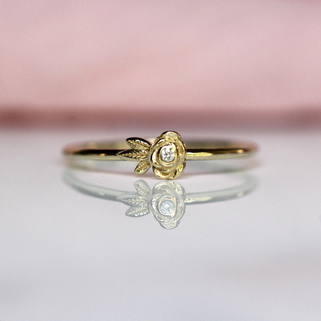 14K Gold Single Rose Ring, Diamond Rose Ring, Single Flower Ring ...