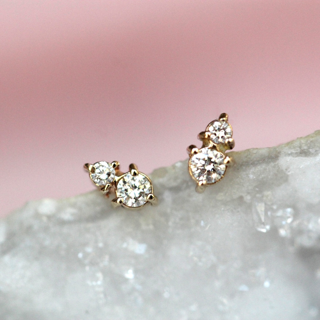 14k Gold Two Diamond Stud, Second Hole Stud, Tiny Post Earring, Mutiple ...