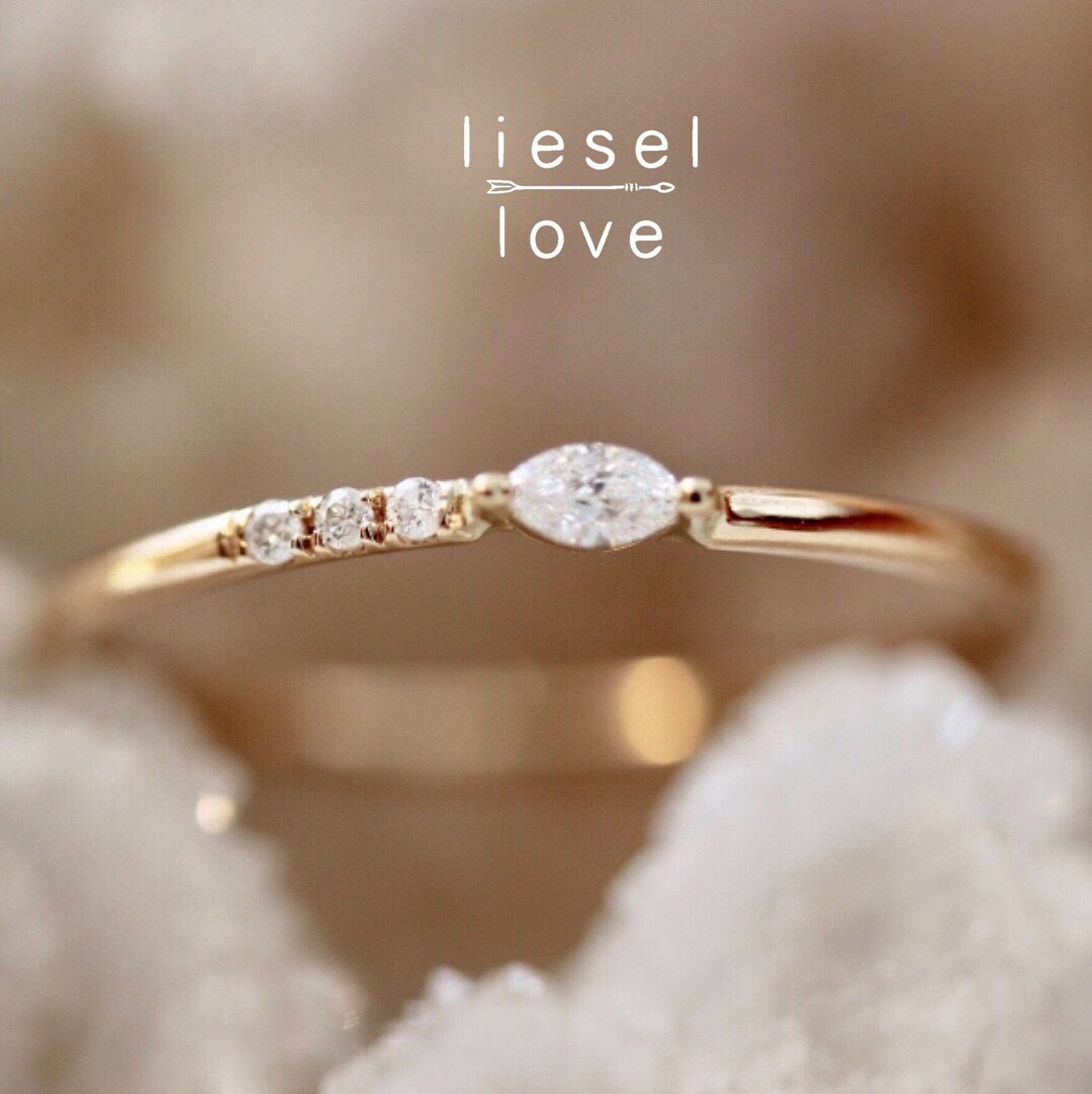 14K Gold Asymmetrical Marquise Diamond Ring, Dainty Diamond Ring ...