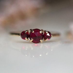 14K Gold Triple Ruby Ring Ring, Three Stone Ring, Ruby Jewelry, 10K ...