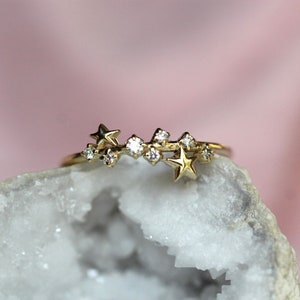 14K Gold Star Cluster Ring, Star Party Ring, Star Gaze, Star and Moon ...