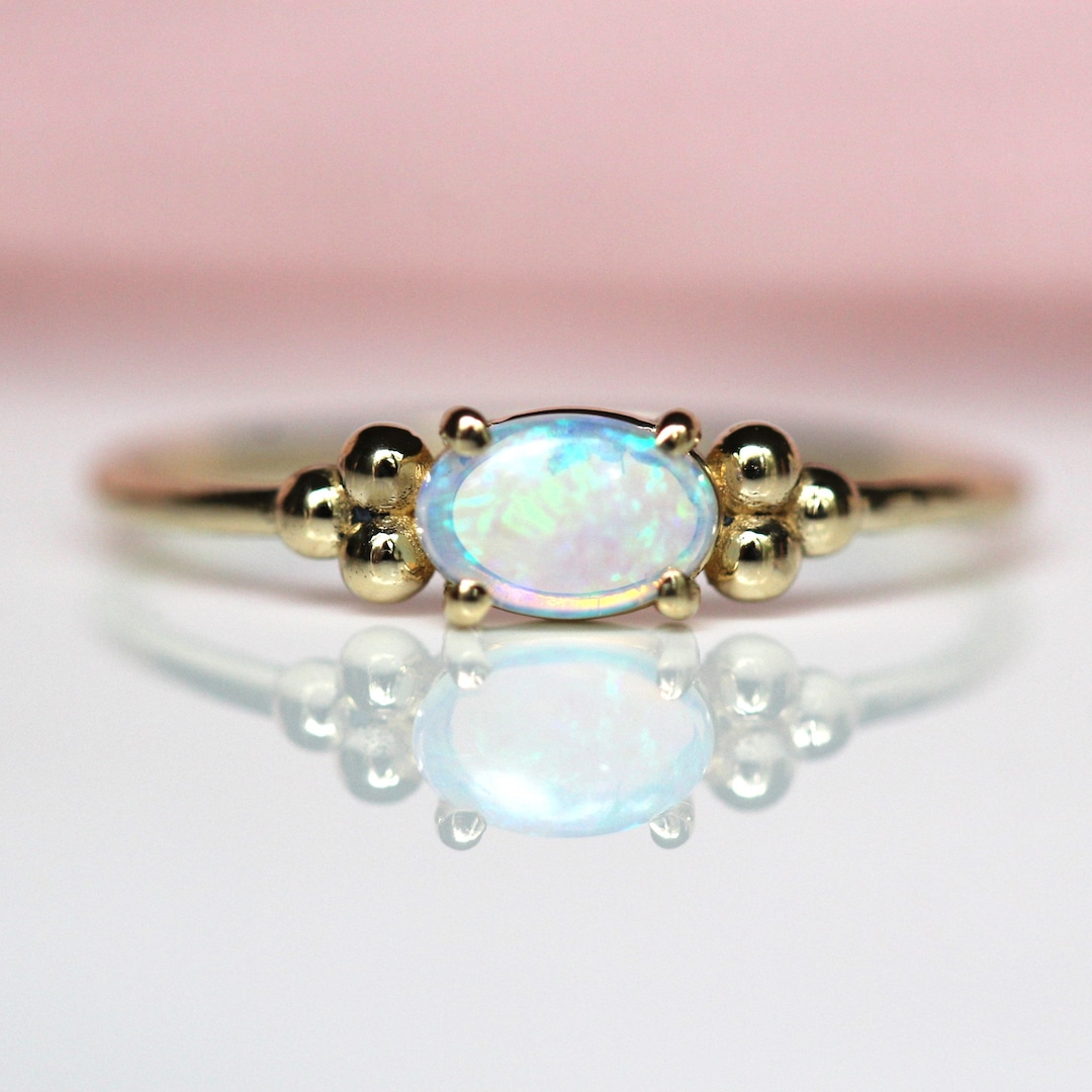 14K Triple Bead Opal Ring, Oval Opal Ring, Australian Opal, Gemstone Ring, October Birthstone ...