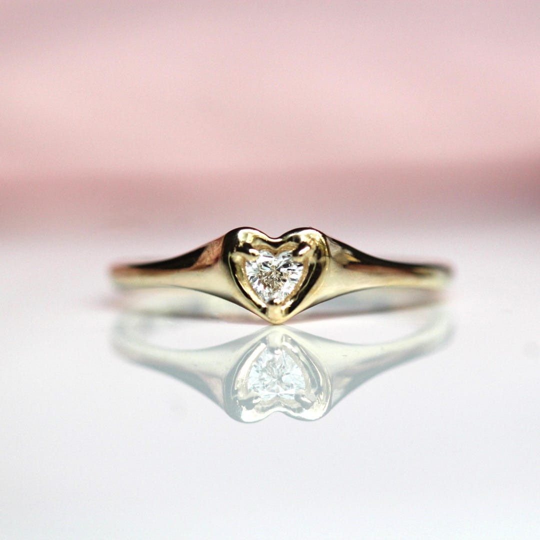 14K Diamond Heart Signet Ring, Solid Gold Ring, 10K Gold Ring, Heart ...