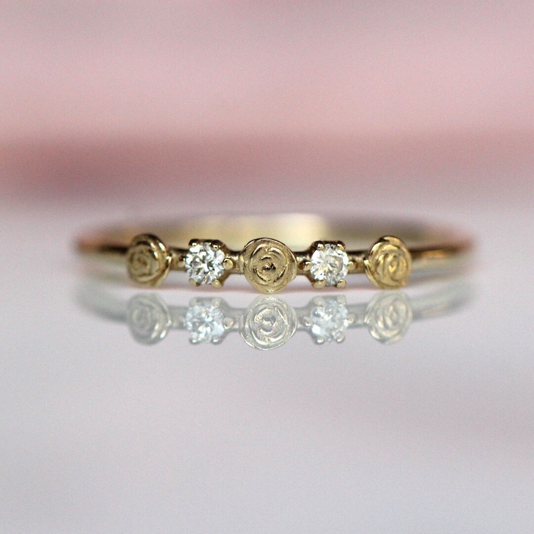 14K Triple Flower Ring, Diamond Rose Ring, Boquete Ring, Stacking Ring ...