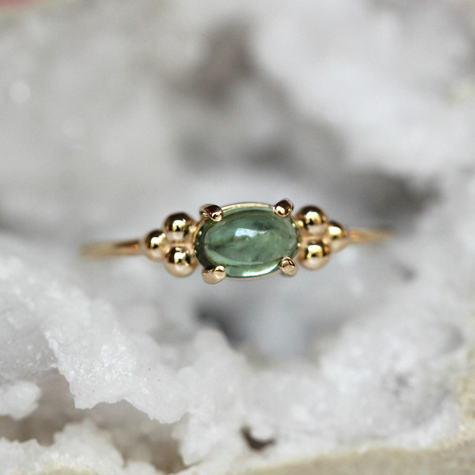 14K Triple Bead Green Tourmaline Ring, Oval Tourmaline, Gemstone Ring ...