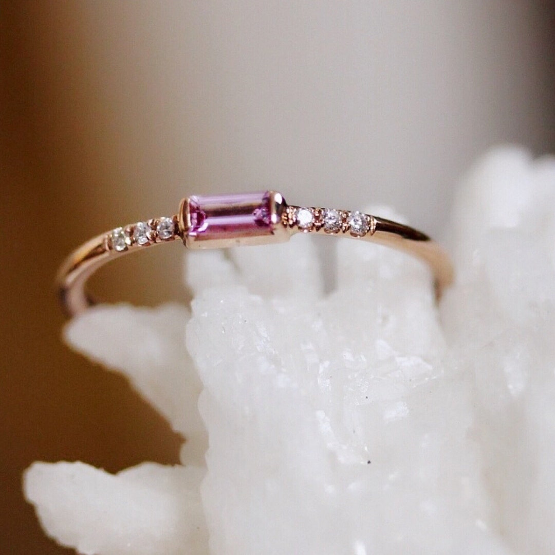 14K Gold Pink Sapphire Baguette Diamond Ring, "rock Candy" Ring, Pink ...