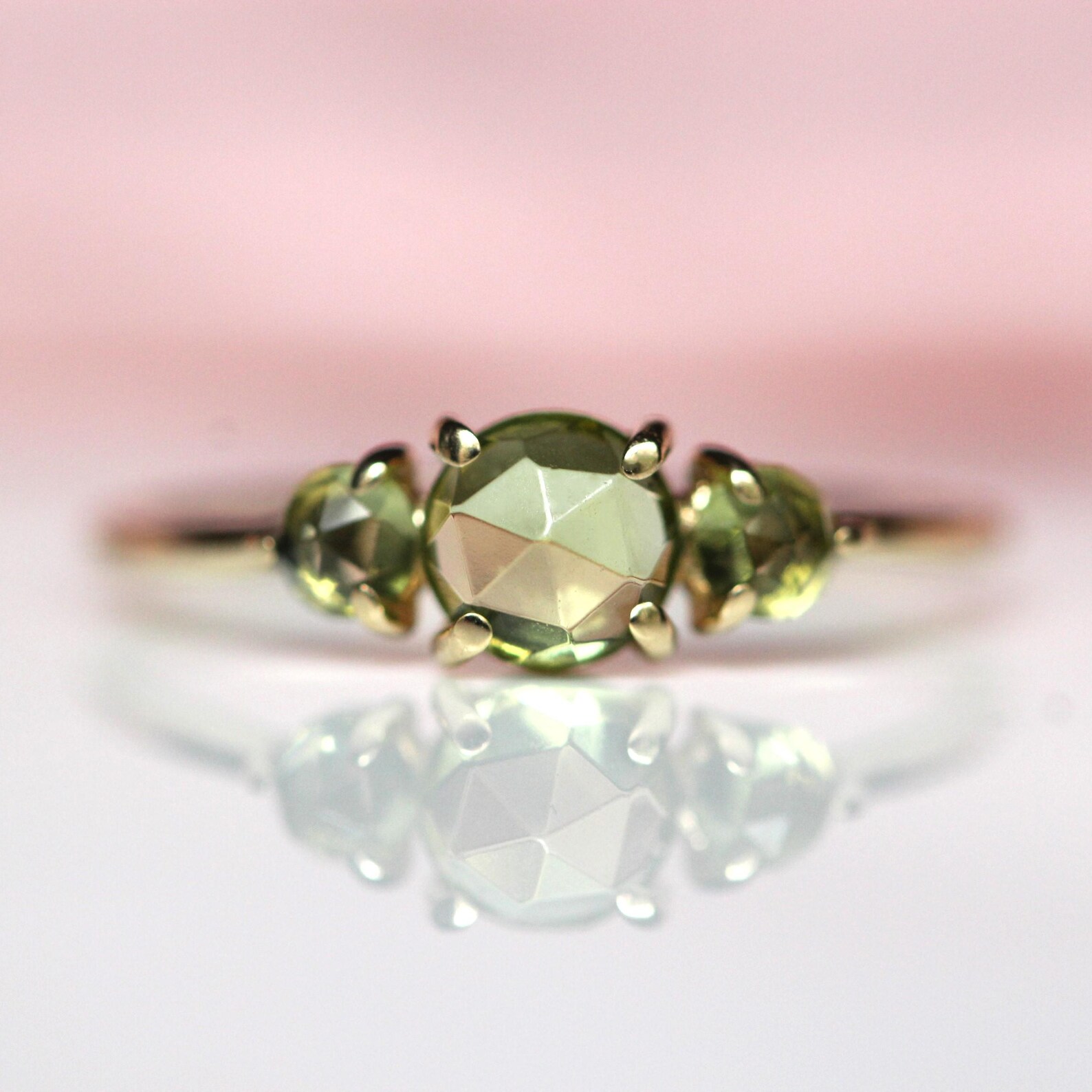 14K Gold Peridot Ring, Three Stone Ring, Rose Cut Peridot, 10K August ...