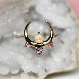 14K Crescent Moon Cluster Ring, 10K, Australian Opal, Pink Sapphire, Amethyst, Moon Ring ...