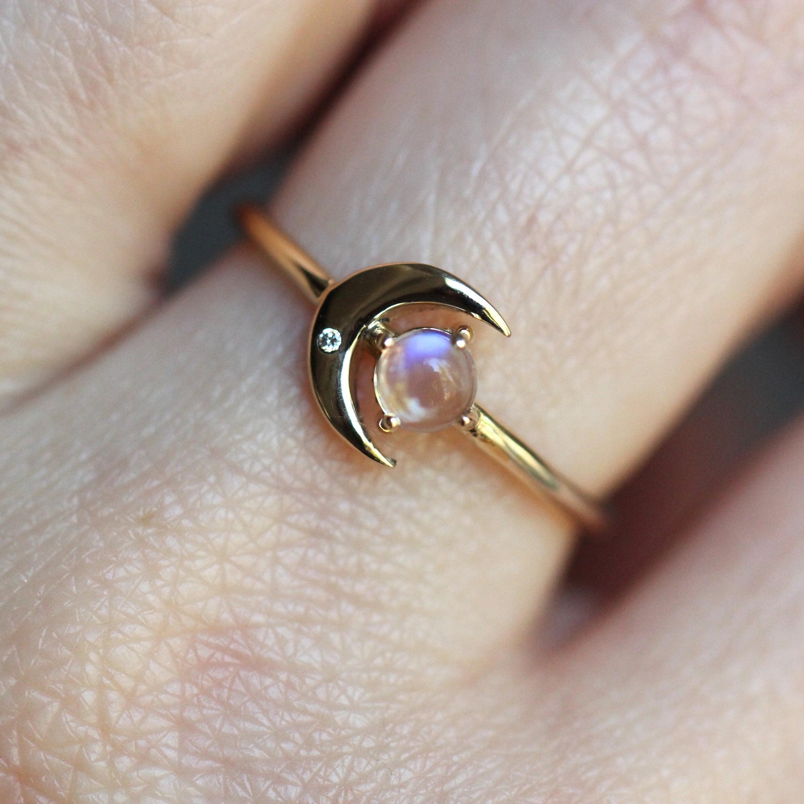 14K Solid Gold Moonstone Moon Ring, 10K Crescent Moon Ring, Moon ...