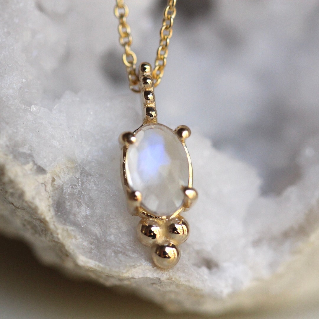 14K Gold Oval Moonstone Necklace, Milgrain Pendant, Rose Cut, Oval ...