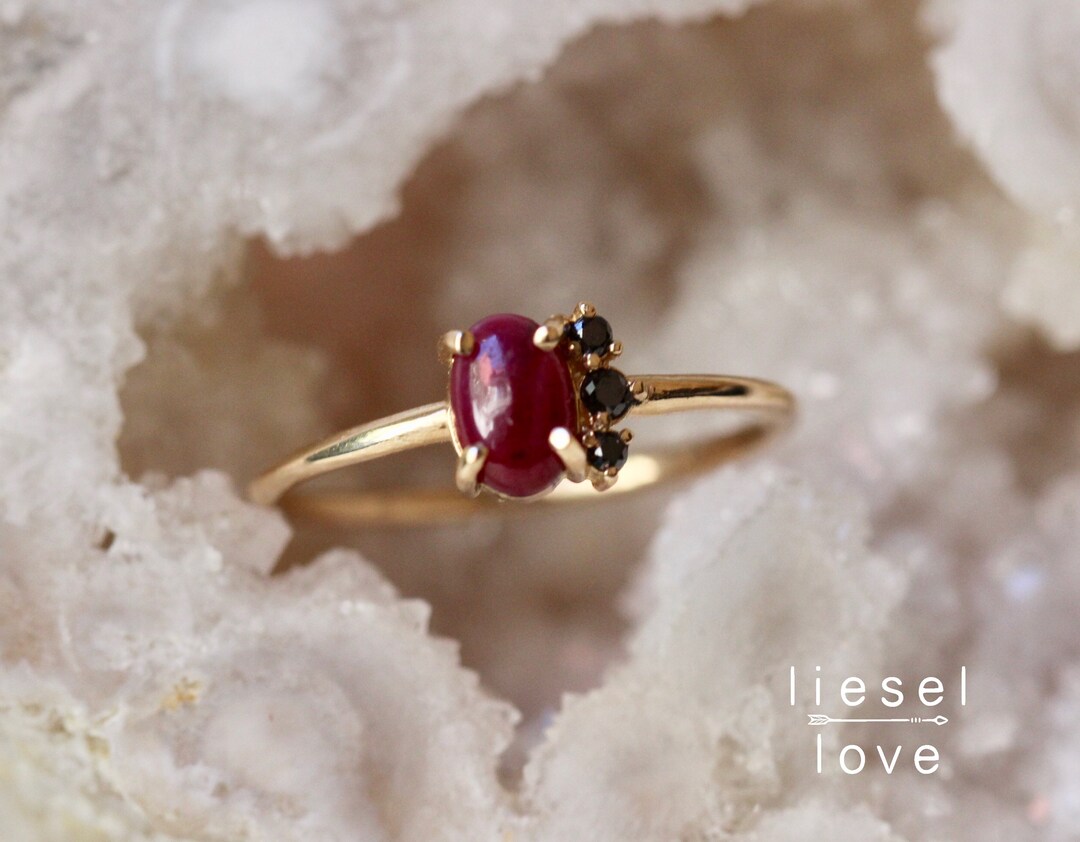 14K Gold Ruby Black Diamond Ring lace Ring - Etsy