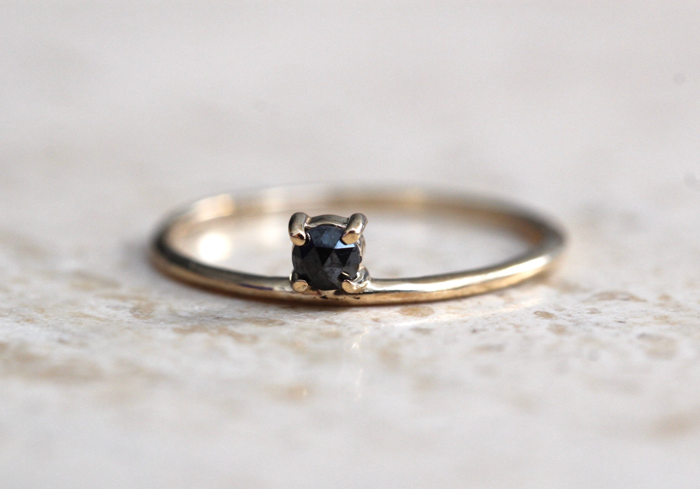14K Gold Black Diamond Ring, Floating Stone, Rose Cut Diamond Ring ...