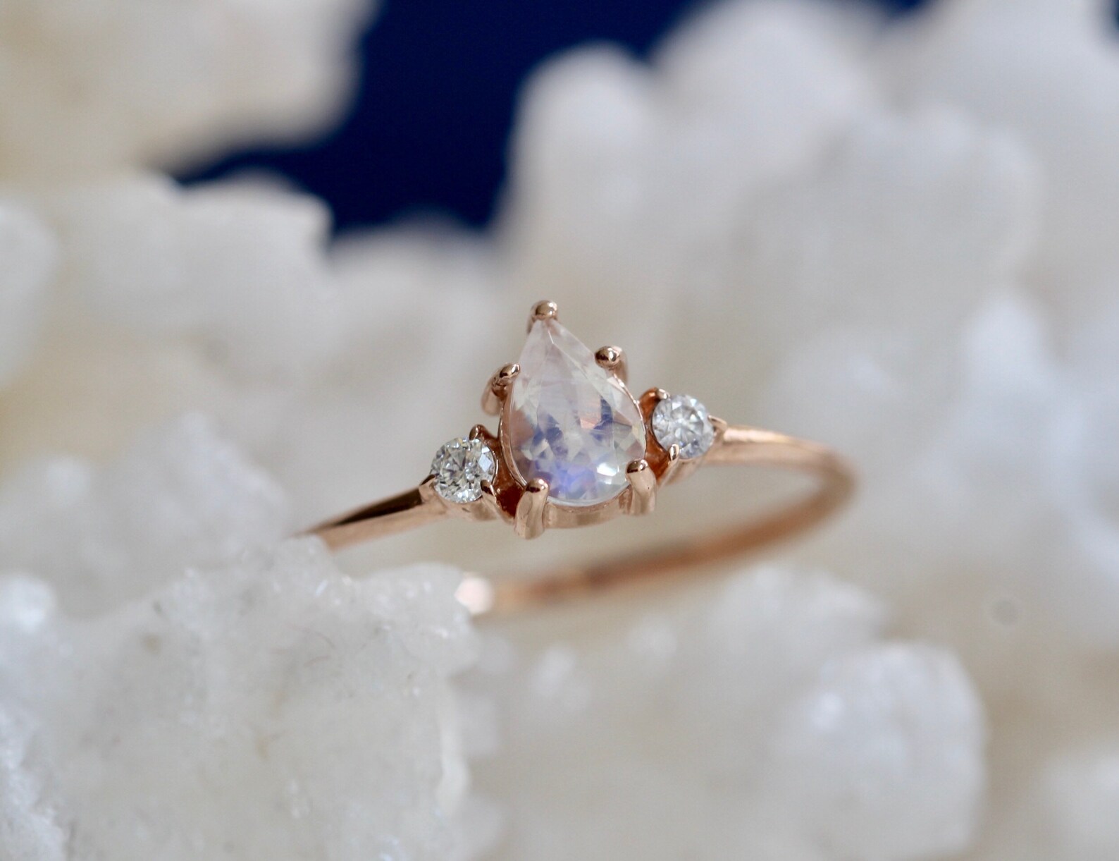 14K Gold Moonstone Pear Ring Three Stone Ring Pear Moonstone | Etsy