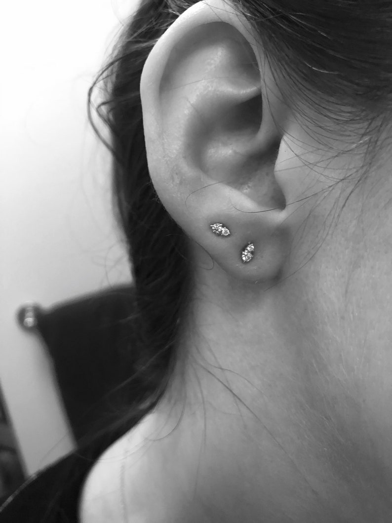 14k Gold Two Diamond Stud Second Hole Stud Tiny Post - Etsy